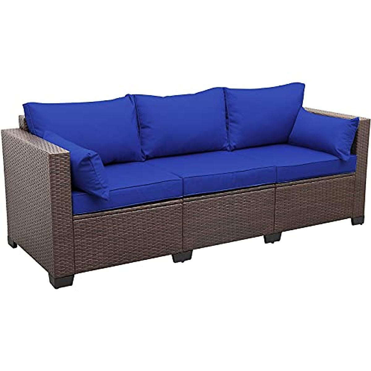 3-Seat Patio PE Wicker Sofa, Outdoor Rattan Couch Furniture Steel Frame with Furniture Cover and Deep Seat High Back, Royal Blue Anti-Slip Cushion