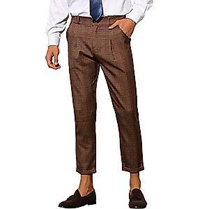 Lars Amadeus Brown Plaid Dress Pants for Men's Cropped Ankle Length Business Trousers 30