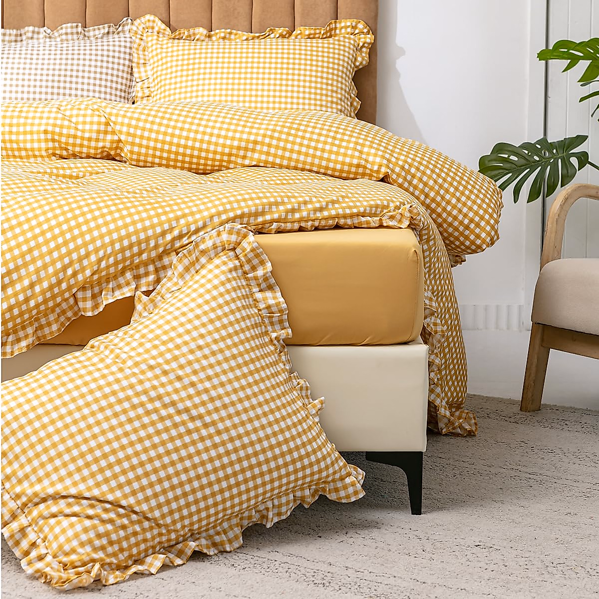 INFLAG Ruffle Duvet Cover Set Twin Size, Vintage Ruffle Plaid Bedding Set, 100% Washed Cotton Soft Breathable Quilt Cover 2 Pieces Zipper Closure Bedding (Yellow, Twin 66"x90")