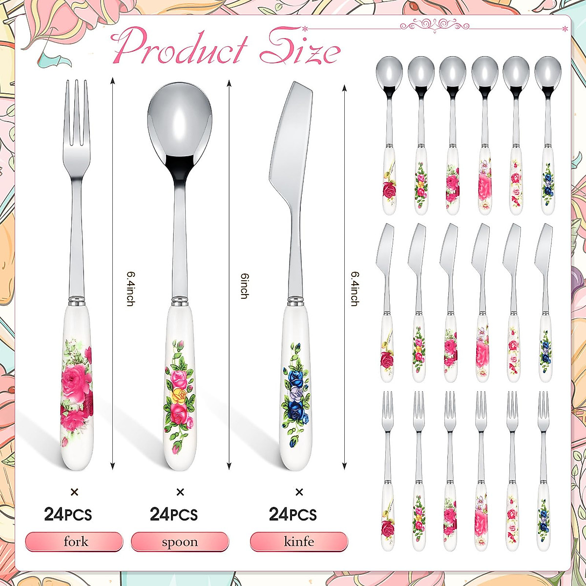 Dandat 72 Pcs Dessert Silverware Set Tea Party Stainless Steel Dinner Flatware Bulk Wedding Dessert Spoons Knives Forks with Ceramic Handle for Spring Coffee Salad Cake Tea Party Gifts, Service for 24