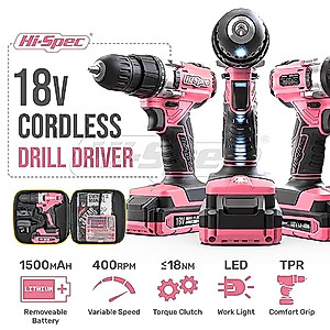 Hi-Spec 58pc Pink 18V Cordless Power Drill Driver, Bit Set & Case. Complete Home & Garage DIY Tool