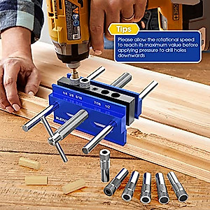 BLEKOO Upgraded 6.7 inch Self Centering Doweling Jig Kit, Drill Jig For Straight Holes Biscuit Joiner Set With 6 Drill Guide Bushings, Adjustable Width Drilling Guide Power Tool Accessory Jigs (Blue)