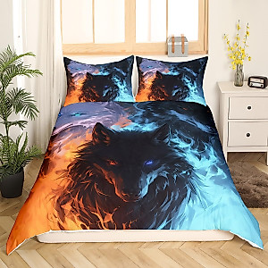 Fire Wolf Duvet Cover Full Size,Ice and Flame Wolf Bedding Set 3Pcs,Kids Boys Teens Adults Home Decor,Wild Animal Hunting Theme Comforter Cover,3D Cool Wildlife Quilt Cover,2 Pillowcases(No Comforter
