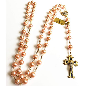 elegantmedical Pink 8mm Real Pearl BEADS St. Benedict GOLD ROSARY CROSS Necklace & box Catholic GIFTS