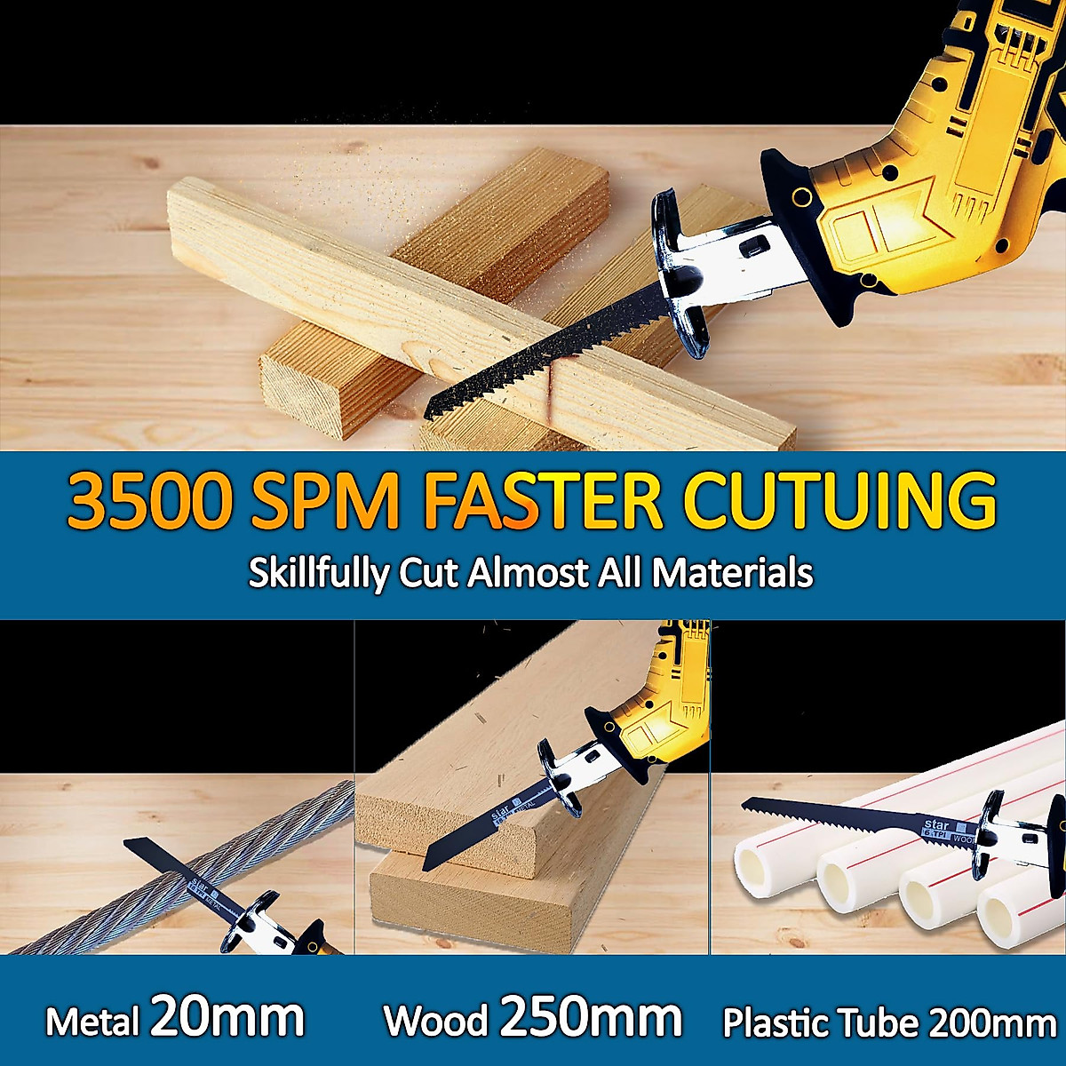 Reciprocating Saw Compatible with DeWalt 20V Battery, Brushless Power Cordless Recipro Saw, 0-3500SPM Variable Speed, Tool-free Blade Change, 4 Saw Blades Kit for Wood/Metal/PVC Cutting, Tool Only