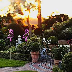Solar Pink Flamingo Yard Ornaments w/Stakes, Solar Landscape Lights Outdoor Waterproof Neon Strip for Garden Pathway Patio Lawn Flowerbed Beach Party Wedding, 30" Tall (2 Pack)