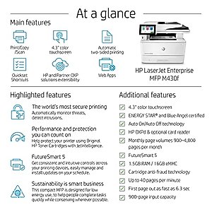 HP Laserjet Enterprise MFP M430f All-in-One Wired Monochrome Laser Printer, White - Print Scan Copy Fax - 4.3" LCD, 40 ppm, Auto Duplex Printing, 50-Sheet ADF, Ethernet, Cbmou Printer_Cable