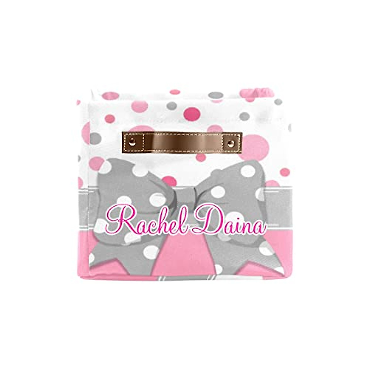 Polka Dots Bow Pink Personalized Storage Bins Basket Cubic Organizer with Durable Handle for Shelves Wardrobe Nursery Toy 1 Pack