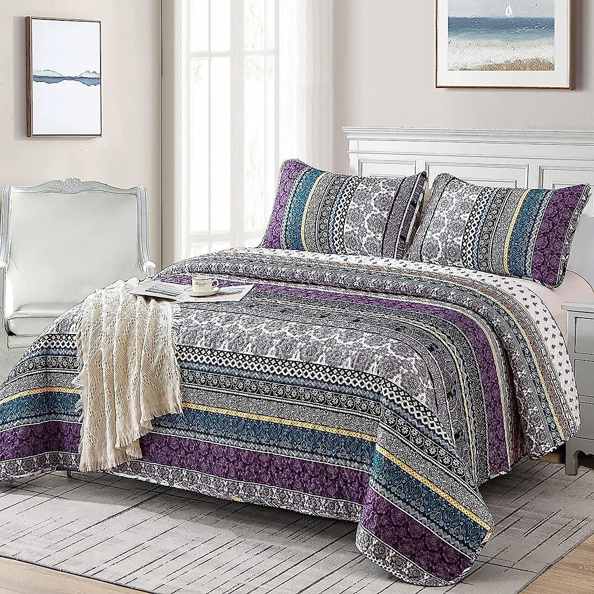 WONGS BEDDING Boho Quilt Set Full Size, Purple Bohemian 3 Pieces Quilt Sets, Lightweight Summer Bedspread Coverlet Bedding Set for All Season (90"x78")