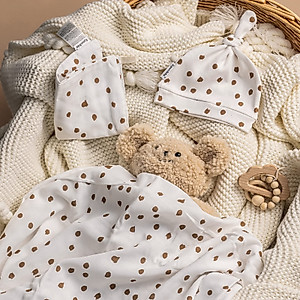 Baby Swaddle Blankets Set with Matching Hat and Drool Cloth Organic Cotton Muslin Blanket Soft Newborn Wrap Receive Blanket Photography Prop Large 47 * 47 Shower Gifts for Boys Girls (Goose)