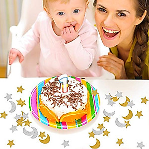 400 Pieces Glitter Star and Moon Paper Confetti Double Side Table Paper Confetti Sequin for Wedding Birthday Baby Shower Moon and Star Party Ramadan Mubarak Decor (Gold, Silver)