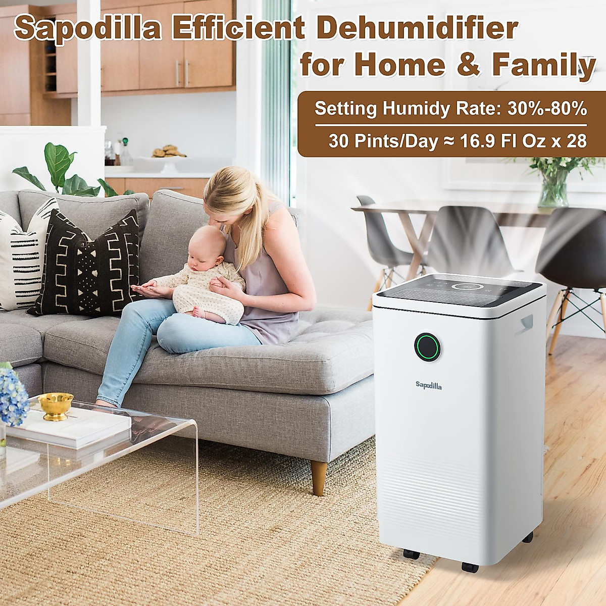 Sapodilla Dehumidifier for Basement, 30 Pints Dehumidifier for 2000 Sq.Ft, Auto or Manual Drainage, Portable Home Dehumidifier for Large Room Bedroom Bathroom Laundry