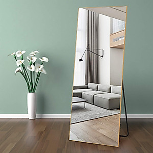 self Full Length Floor Mirror 65"×22" Metal Aluminum Alloy Frame Floor Mirror with Standing Holde Standing Hanging or Leaning Against Wall Mirror,Golden