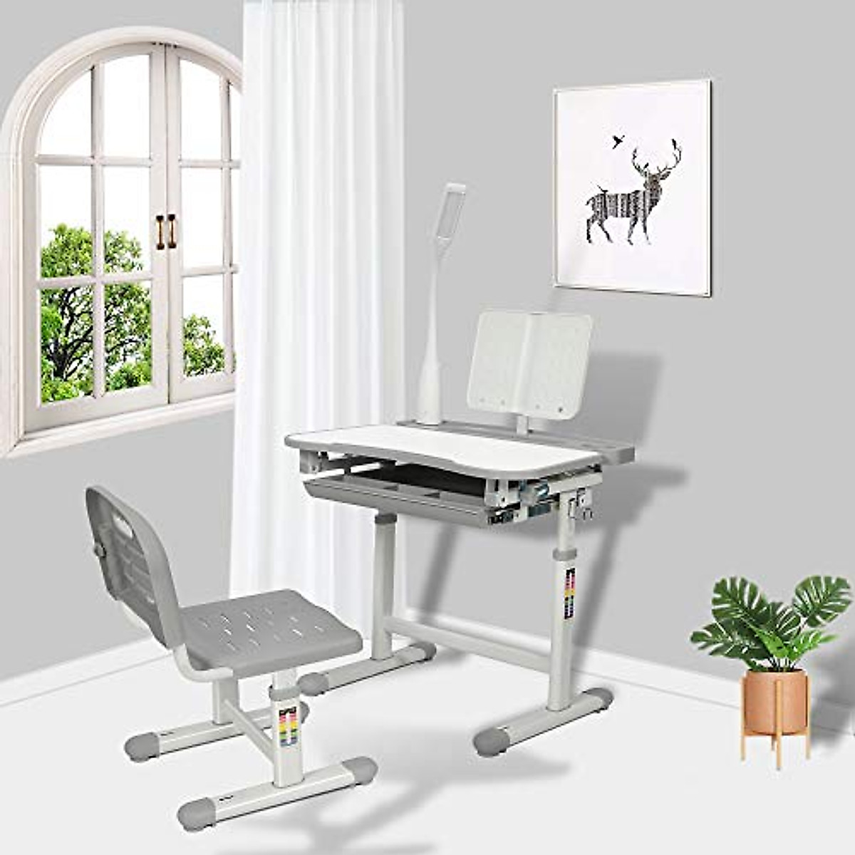 Gowxil Kids Study Desk and Chair Set, Multi Functional Height Adjustable Children School Study Desk with Tilt Desktop, Bookstand, LED Light, Metal Hook and Storage Drawer for Boys Girls, Grey