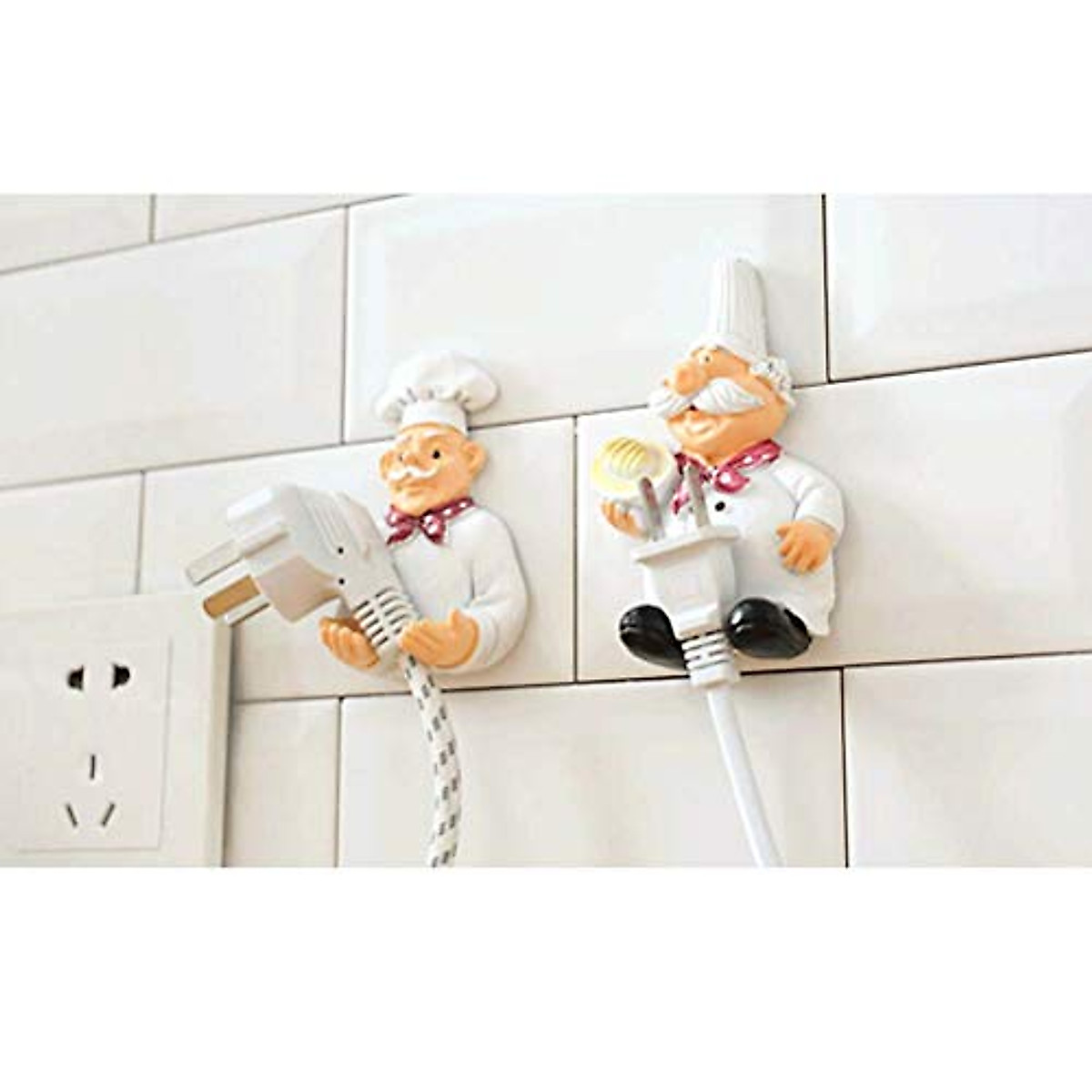 2pcs Power Cable Plug Hook Cartoon Chef Strong Wall Decor Stick Hooks for Home Kitchen Living Room (Foot Hand Holder)