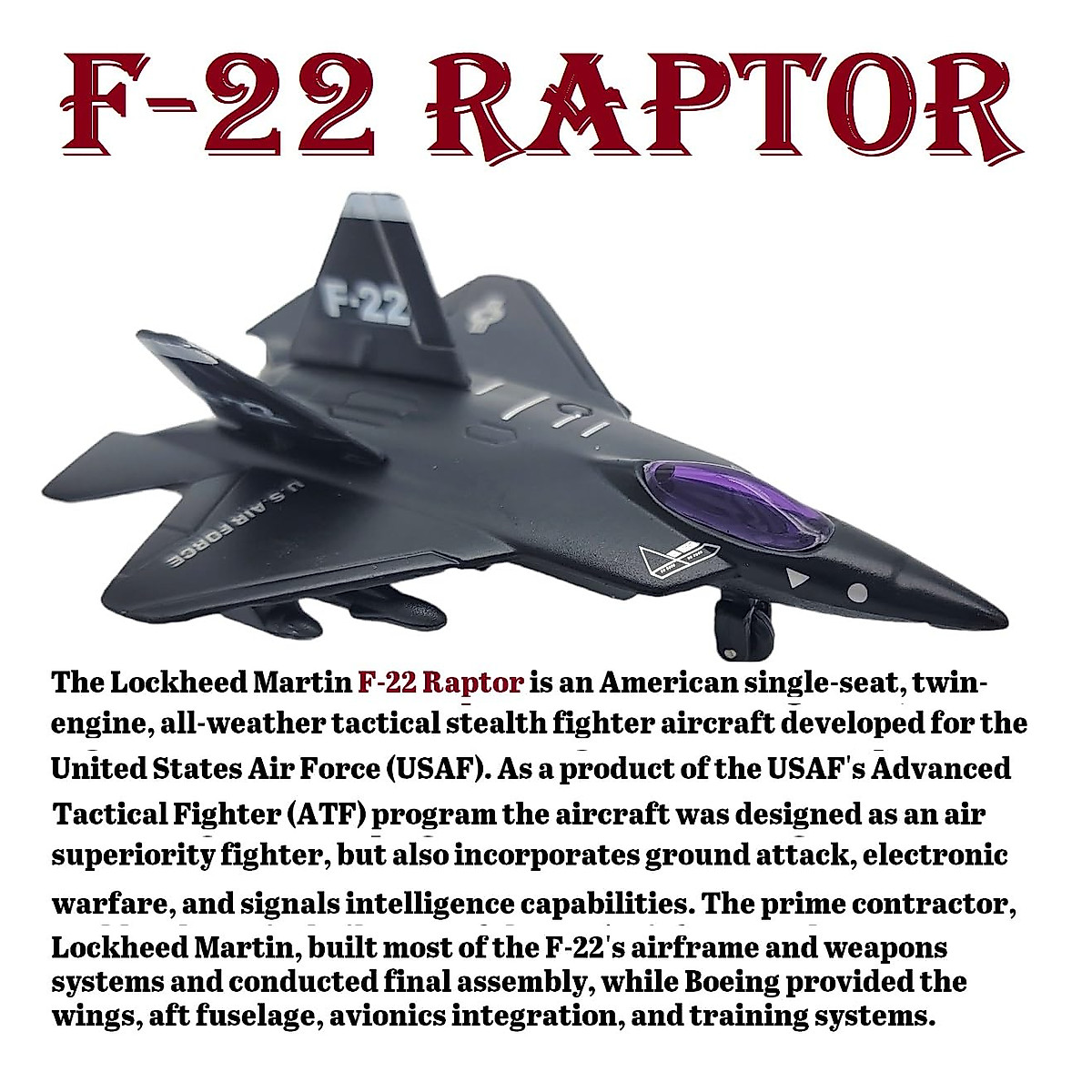 Zugar Land Die-Cast Pullback Stealth Bomber Models (4.25"-5.25") SR-71 Blackbird, F-22 Raptor, F-117 Nighthawk, B2 Bomber (F-22 Raptor)