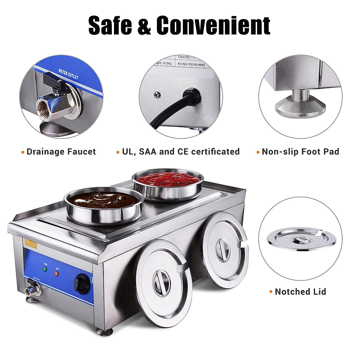Yescom 1200W Commercial Chili Cheese Food Warmer Dual 7L Pots Stainless Steel Soup Countertop Steam Restaurant Buffet