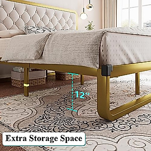 iPormis Queen Size Metal Bed Frame with Velvet Button Tufted Headboard, Curved Platform Bed Frame, Thicker Metal Steel Slats Support, 12'' Under-Bed Space, Noise-Free, Easy Assembly, Gold & Beige