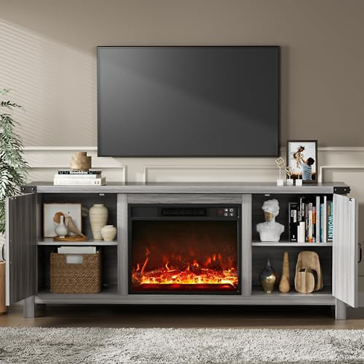 YESHOMY Fireplace TV Stand with Two Barn Doors and Storage Cabinets for Televisions up to 65+ Inch, Entertainment Center Console Table, Media Furniture for Living Room, 58 Inch, Gray Wash