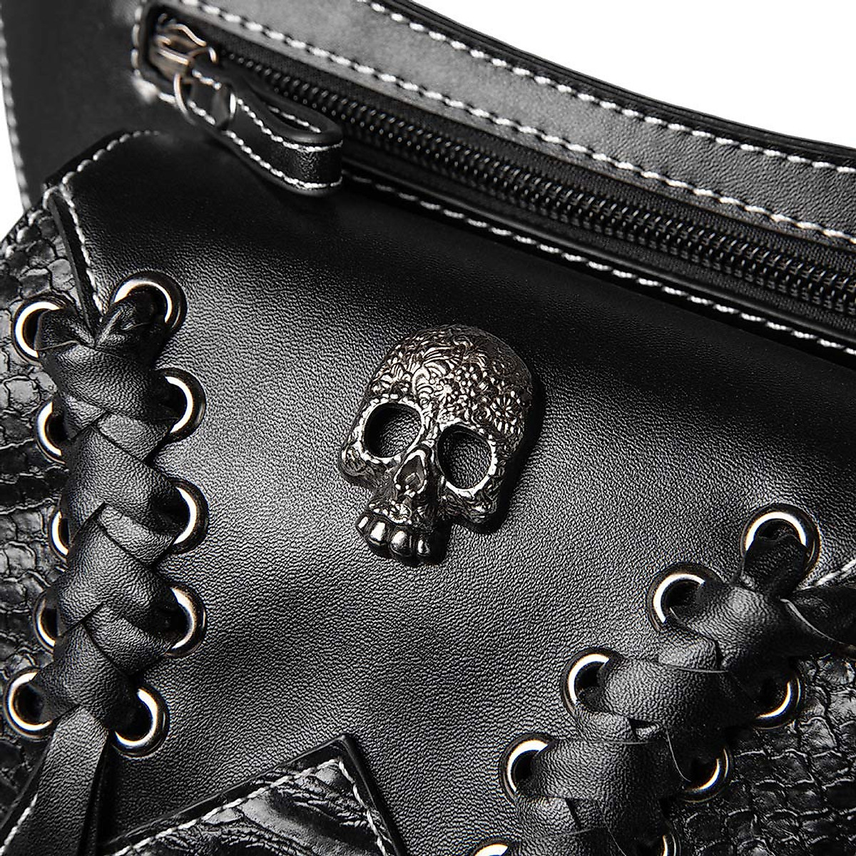Gothic Waist Bag Fanny Pack Leather Steampunk Bag Purse Chain Leg Bag Crossbody Shoulder Messenger Hip Pouch (Black 038)