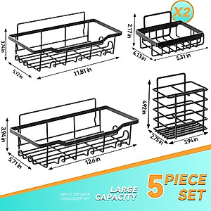 Super Strong Adhesive Shower Shelves for Inside Shower, Sturdy 3 mm Thickness Wire Shower Caddy with 7 Hooks, No Drilling Wall Mount Bathroom Organizer, Stainless Steel, Large Capacity, 5 Pack, Black