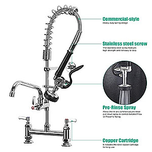 CWM Commercial Sink Faucet with Sprayer,Pre-Rinse Kitchen Brass Constructed Polished Chrome with Pull Down Sprayer 26"Height 8" Center with 8" Add-on Spout Deck Mounted