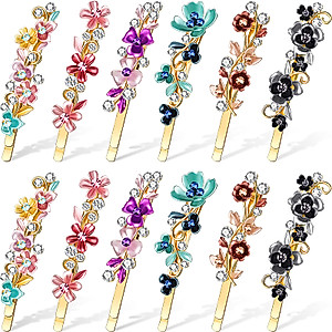 WILLBOND 12 Pieces Vintage Flower Hair Pins Women Barrette Bobby Pins Decorative Metal Gold Tone Hairpins Colorful Floral Design Hair Clips French Rhinestone Decorative Accessories for Women Girls