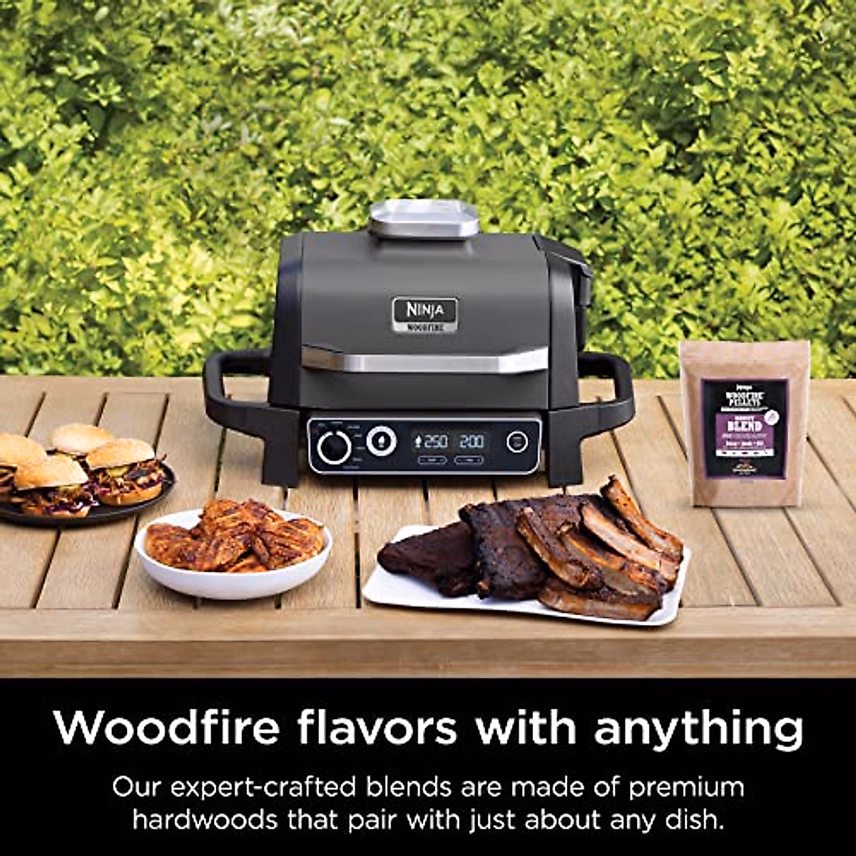 Ninja OG701 Woodfire Outdoor Grill, 7-in-1 Master Grill, BBQ Smoker, & Outdoor Air Fryer plus Bake, Roast, Dehydrate, & Broil, Woodfire Technology, with Robust Pellets