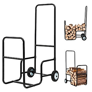 Safstar Firewood Log Cart Carrier, 2.9ft/35” Height Wood Rack Storage Mover w/2 Rubber Wheels & Ergonomic Handle, Heavy-Duty Steel Fireplace Log Carrier Mover, Rolling Firewood Cart for Indoor Outdoor