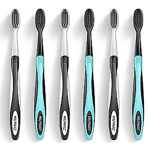 Nuva Dent Ultra Soft Charcoal Toothbrush - Gentle, Slim Brush Head, Medium Tip - Clean Plaque, Whiten Teeth - Works Well w/Activated Charcoal Toothpaste or Teeth Whitening Products, 6 Pack