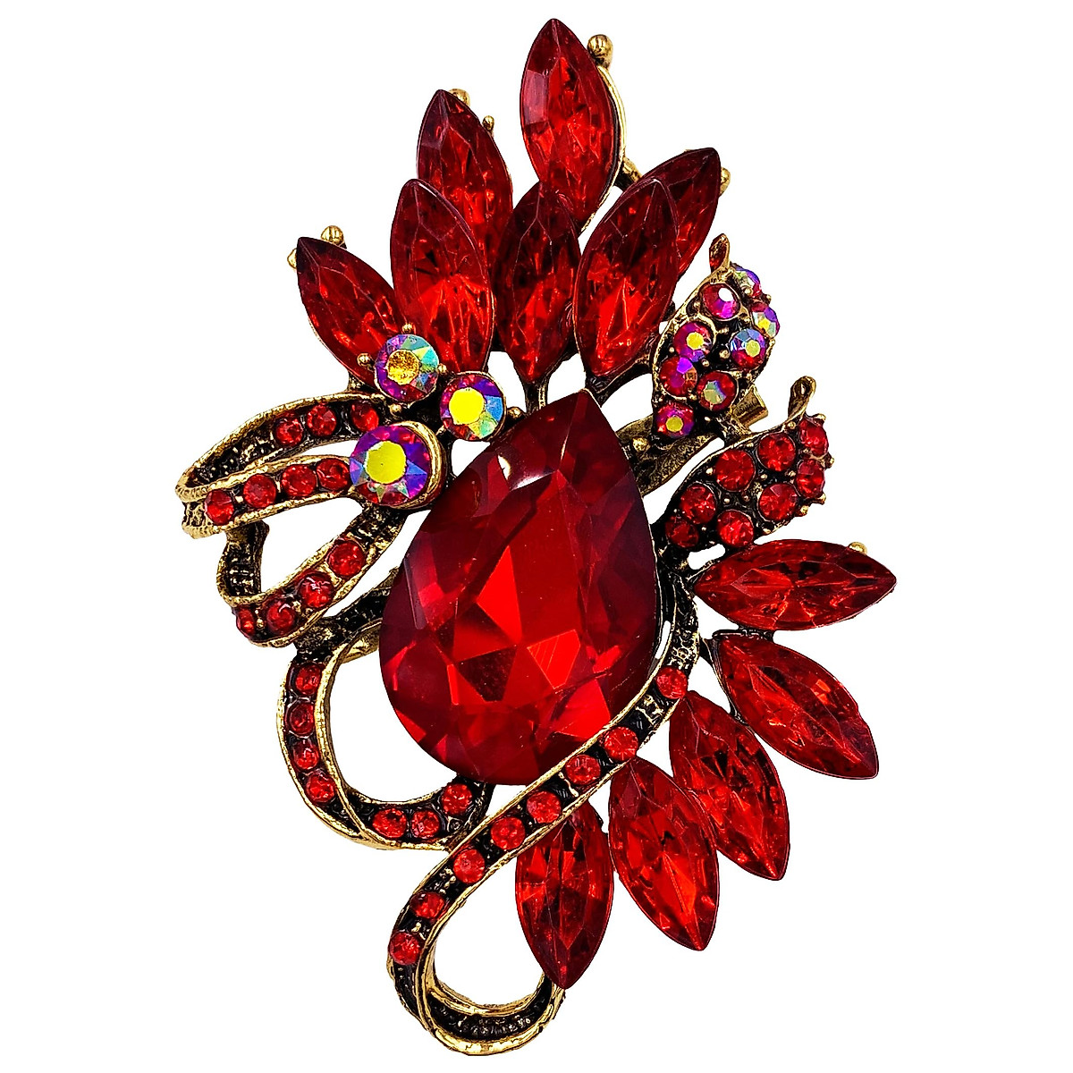 SELOVO Vintage Style Statement Red Leaf Scarf Shawl Brooch Pin Crystal Antiqued Gold Tone