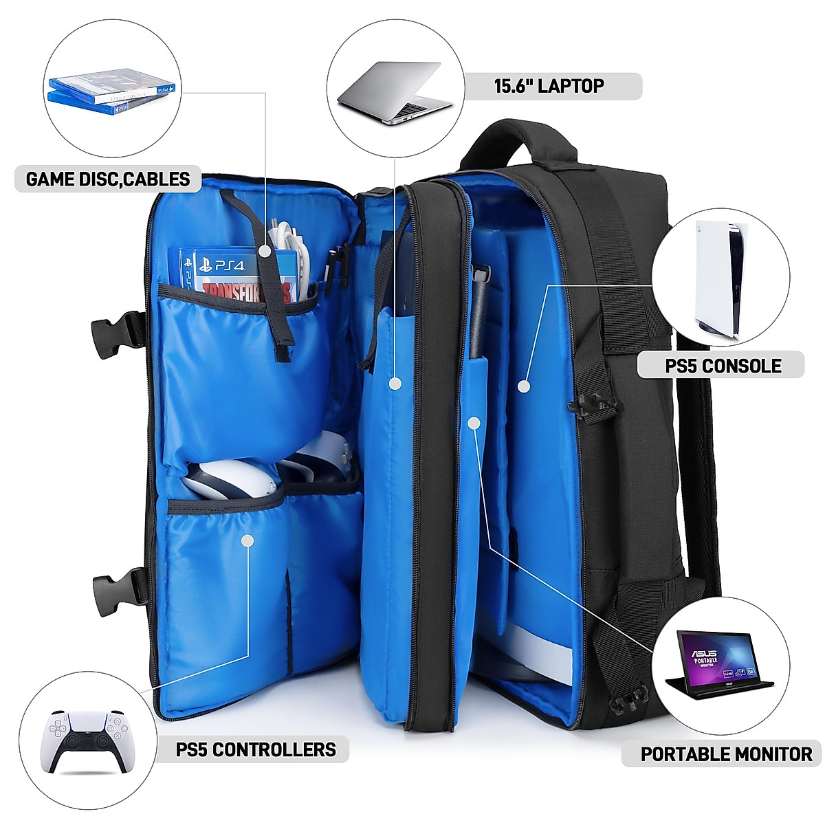 PGmoon Travel Backpack Compatible with Playstation5 Console, Storage Carrying Case Bag Fits for PS5 /PS4 Console, Controllers, 15.6’’ Laptop, Game Discs (Patent Design)