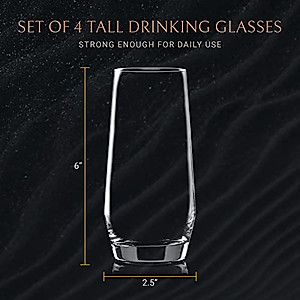 JoyJolt Gwen 18oz Highball Glasses, 4pc Tall Glass Sets. Lead-Free Crystal Glass Drinking Glasses. Water Glasses, Mojito Glass Cups, Tom Collins Bar Glassware, and Mixed Drink Cocktail Glass Set
