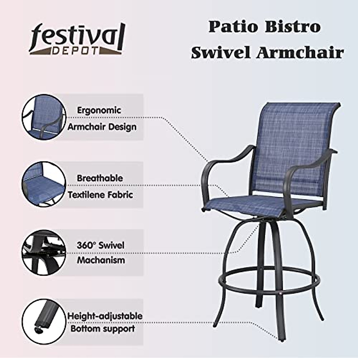 Festival Depot 4Pcs Patio Bistro Set High Back 360°Swivel Chairs with Textilene Fabric and Curved Armrest Bar Height Stools All Weather Metal Outdoor Furniture for Deck Lawn Garden, Blue