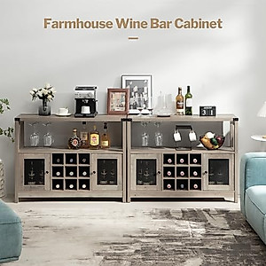 SICOTAS Coffee Bar Cabinet with Storage - Farmhouse Sideboard Buffet Cabinet Wine Cabinet with Wine Rack, Boho Liquor Cabinet for Home, Kitchen Cabinet with Mesh Doors for Dining Room, Oak