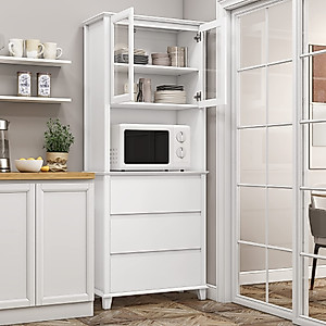 FACBOTALL 76'' Kitchen Pantry Storage Cabinet, Kitchen Buffet with Hutch, Tall Hutch Cabinet with Glass Doors, Coffee Countertop and 3 Large Drawers for Dining Living Room, White