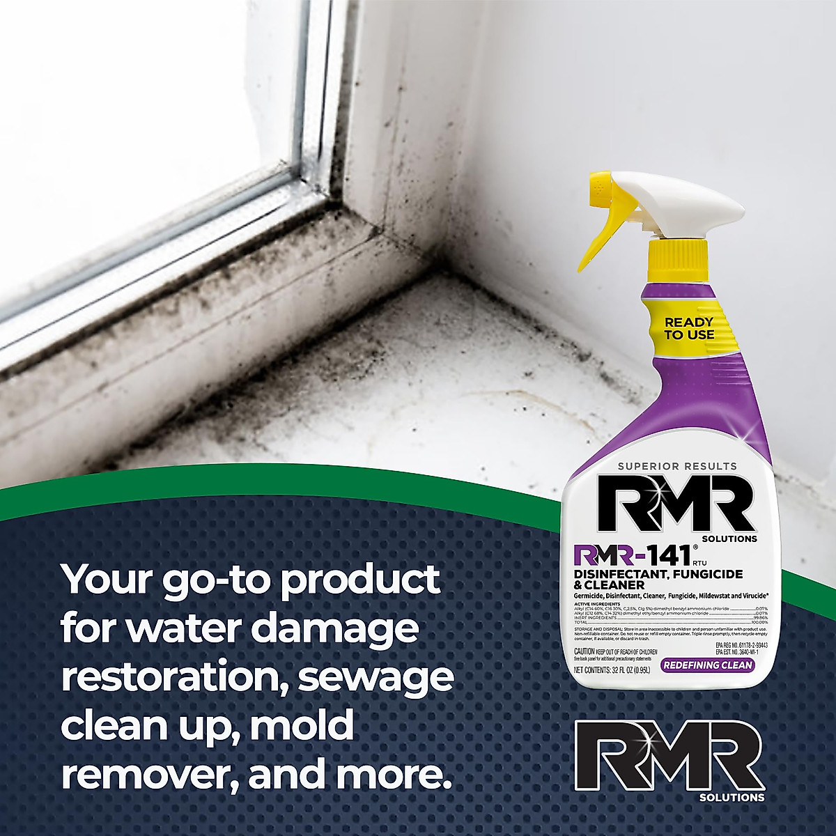 RMR-141 EPA Registered Mold and Mildew Killer, Eliminates Odors, Removes Mold, Mildew, Bacteria, and Viruses, 32-Ounce Bottle