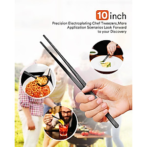 Kitchen Tweezers Fine Tweezer Tongs For Cooking, Black Stainless Steel Food Tweezers, Multi-function Precision Serrated Tips Cooking Tongs Kitchen Serving Tong (Black, 10 inch)