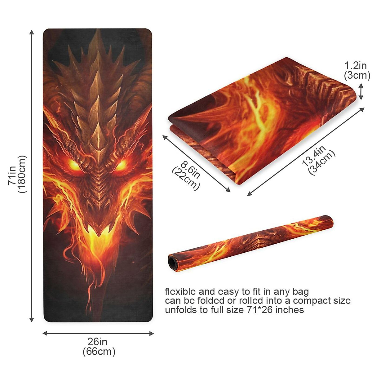 GOODOLD Dragon Head Red Yoga Mat, 71 x 26 Inch Non-slip Yoga Mats Folding Travel Exercise Mat Indoor Outdoor Gym Pilates with Storage Bag for Women Men