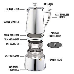 CUISINOX Stainless Steel 6-Cup Moka Pot Espresso Coffee Maker and 6 Roma Espresso Cups, 7-Piece Set
