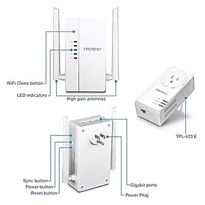 TRENDnet Wi-Fi Everywhere Powerline 1200 AV2 Dual-Band AC1200 Wireless Access Point Kit, Includes 1 x TPL-430AP and 1 x TPL-423E, 3 x Gigabit Ports, Easy Installation, White, TPL-430APK