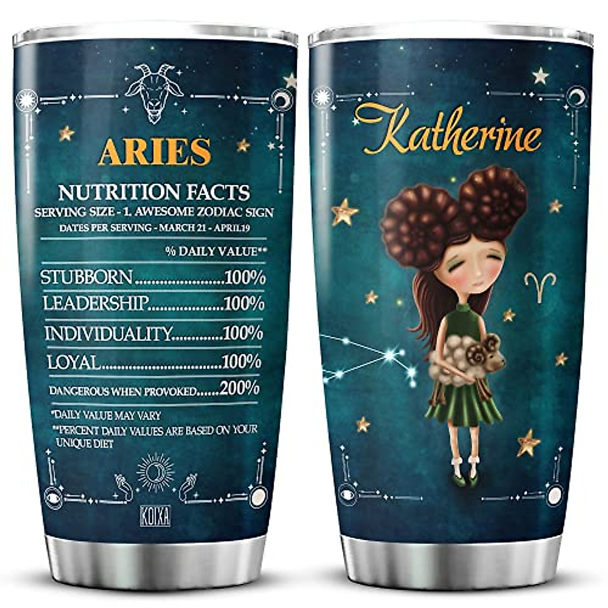 KOIXA Aries Zodiac Insulated Tumbler With Lid 20oz Cute Astrological Items For Teens Girls Stainless Steel Coffee Travel Cup Custom Name Birthday Mug Cute Astrology Gifts For Women