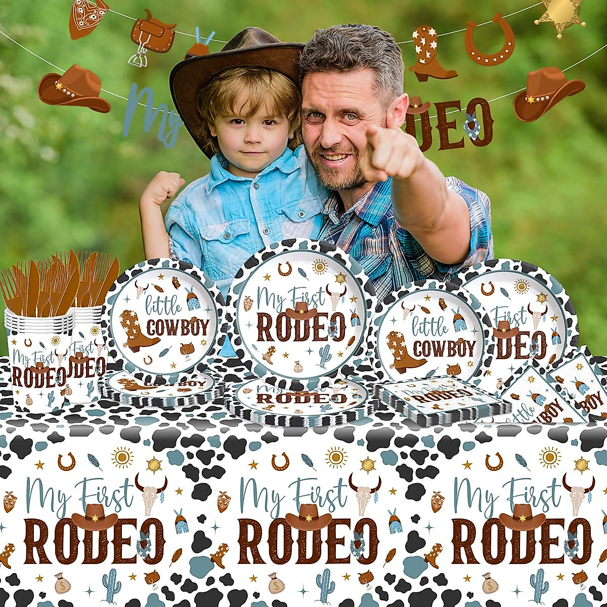 My First Rodeo Birthday Party Supplies Boy-142Pcs Western Cowboy Tableware 1st Rodeo Birthday Party Decorations Blue My First Rodeo Baby Shower Dinnerware for Boy