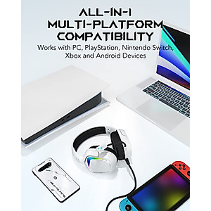 Black Shark Gaming Headset for PC, PS4, PS5, Xbox, Switch, All-in-1 Gaming Headphones with Ultra-Clear Bendable Mic, 50mm Dynamic Drivers, Noise Isolation Ear Cushions, in-line Controls - White