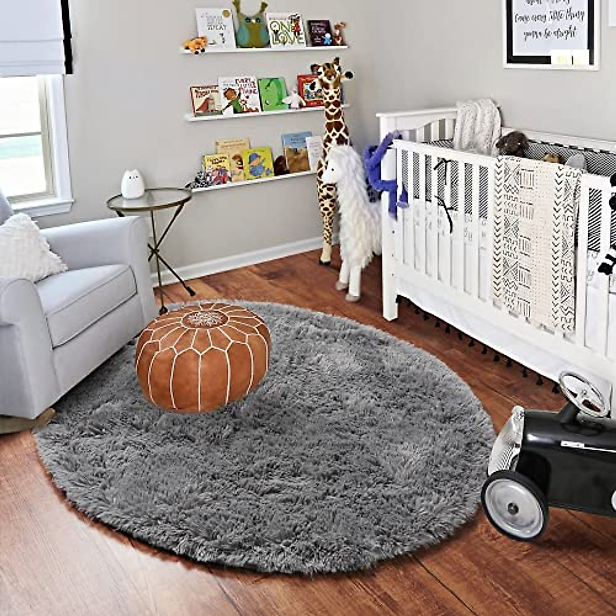 ONASAR Soft Round Area Rug for Bedroom,4 ft Gray Circle Rug for Nursery Room, Fluffy Carpet for Kids Room, Shaggy Floor Mat for Living Room, Furry Area Rug for Baby, Teen Room Decor for Girls Boys