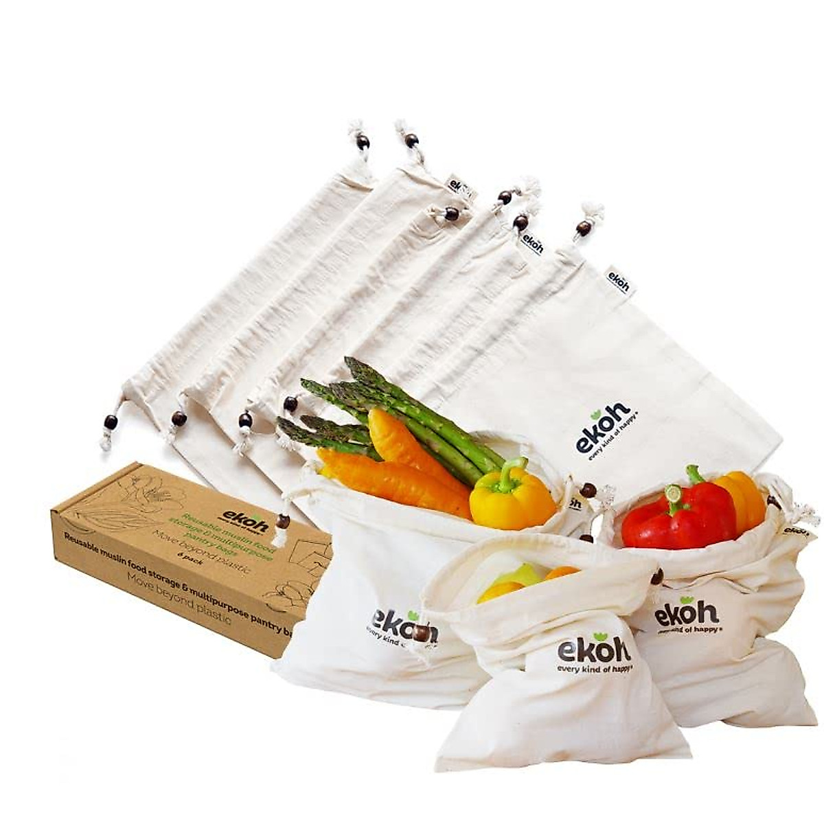 EKOH Organic Cotton Reusable Produce Bags - Set of 6 Drawstring Bags 3 Sizes -Shopping and Storing Fruit, Vegetables, Bread, Herbs, Nuts Fabric Bags - Eco Washable Bag (Organic Cotton Muslin 6 Pack)