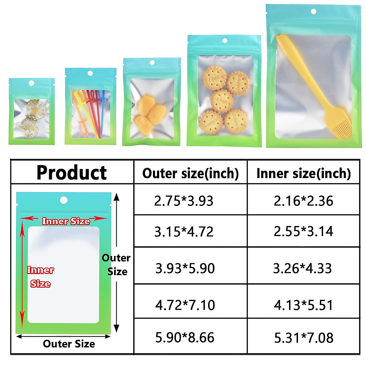 ODDIER 100pcs Foil Mylar Resealable Zipper Bag,5 Size Holographic Bags Slider Seal Technology Freezer Grip Food Containers Organization，Reusable Bags for Packaging Products