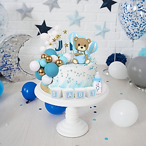 Acmee 44 PCS Bear Cake Toppers - Mini 3D Bear BABY Letters Milk Bottle Blue Gold Foam Balls Cake Toppers for Boy Girl Birthday Party Baby Shower Cake Decorations