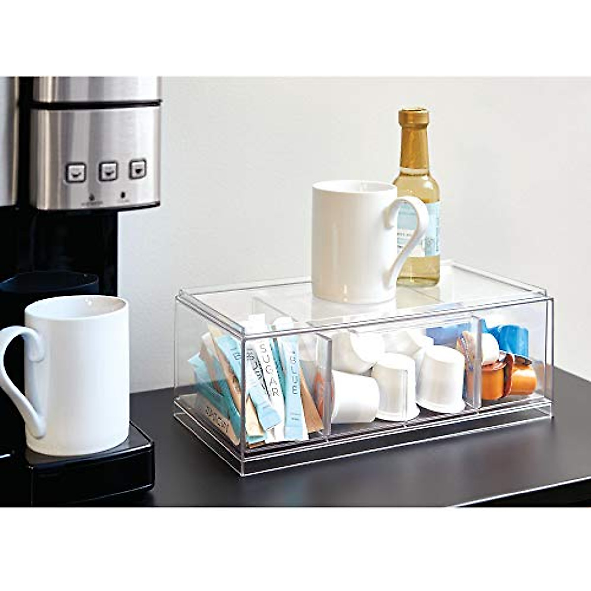iDesigniDesign Crisp BPA-Free Plastic Stackable Tea Bag Organizer, 12.59" x 6.23" x 4.57", Clear with Gray Dividers & Recycled Plastic Extra-Large Bin, 10” x 8” x 5iDesign