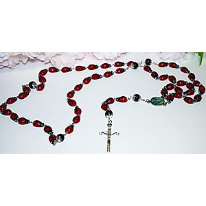 col-p Catholic Steel Rosary Ceramic Ladybug Devotional 29" inch long centerpiece Lady of Grace Sanctified Papal Crucifix Zinc Alloy